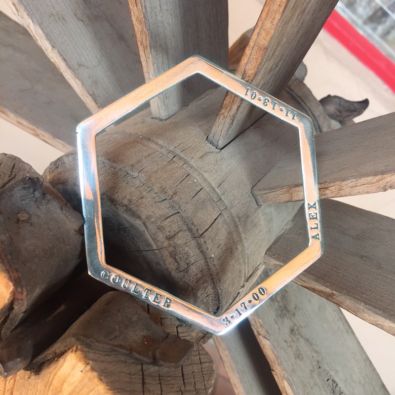 Personalized Hex Bracelet Stamped with Names in Sterling Silver