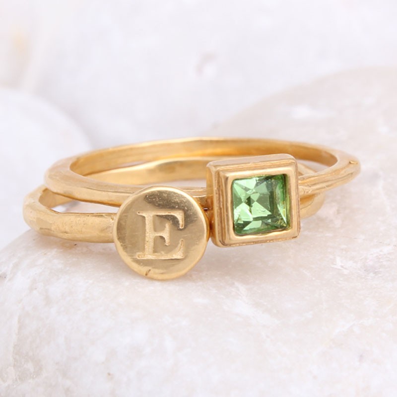 Stackable Mother's Rings with Initial Rings and Birthstone Rings in Gold, Set for One Child