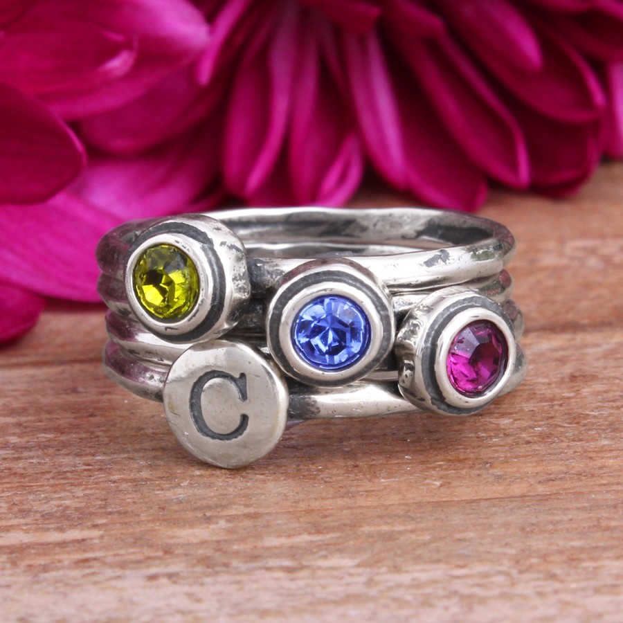Design Stackable Silver Birthstone & Initial Rings | Nelle & Lizzy