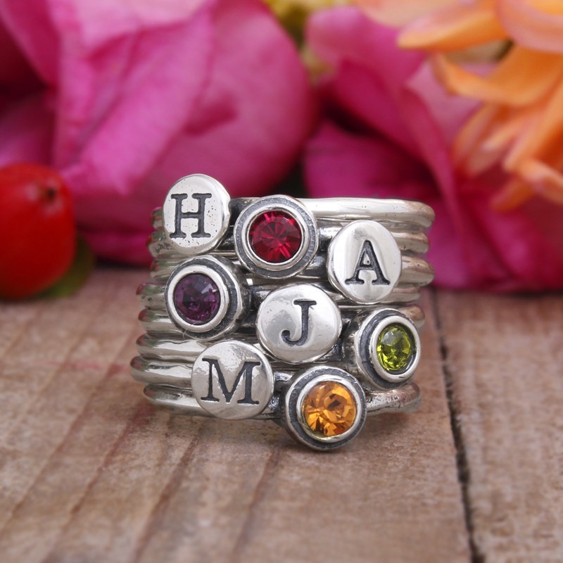 Stackable Initial and Birthstone Ring Set for Four Children - Sterling