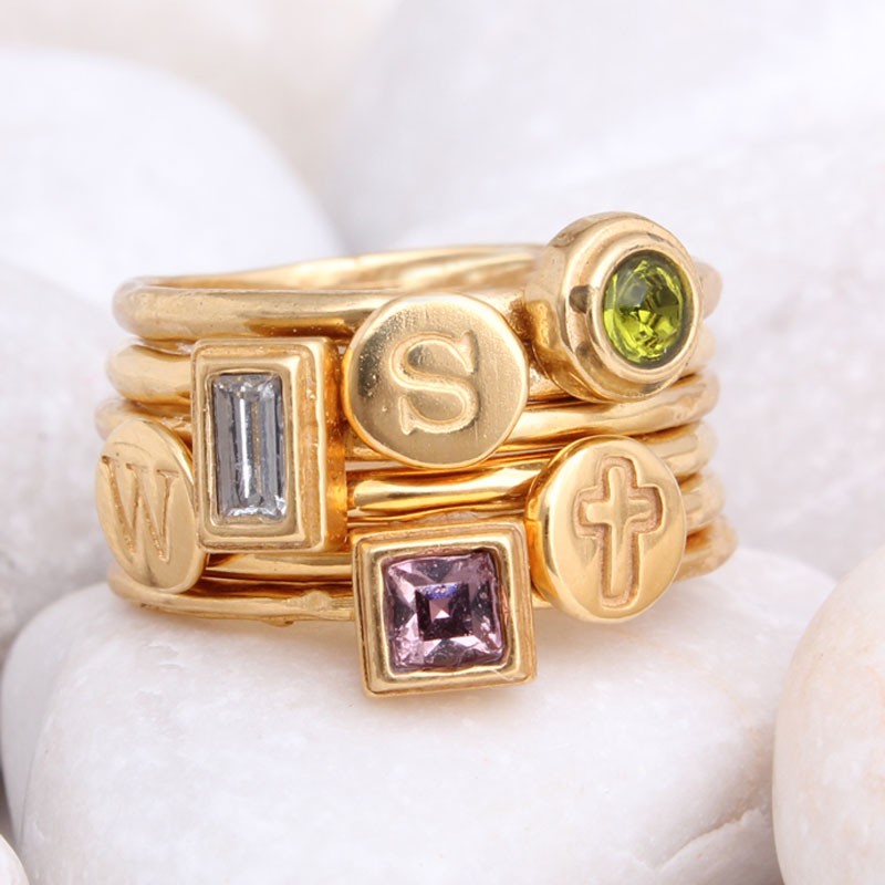 Gold Initial Birthstone Stack Rings | Nelle & Lizzy