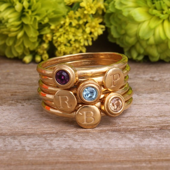 Stacking Mother's Ring in Gold with Initial Rings