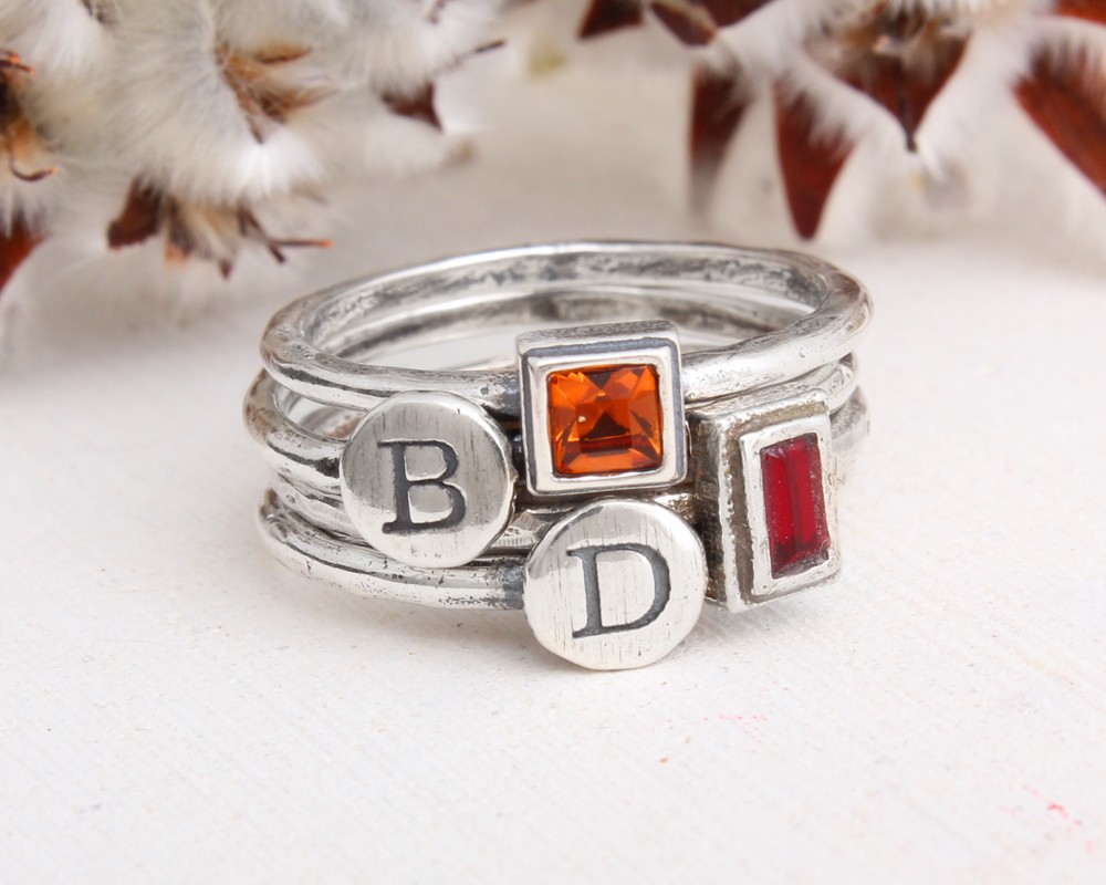 Design Stackable Silver Birthstone & Initial Rings | Nelle & Lizzy