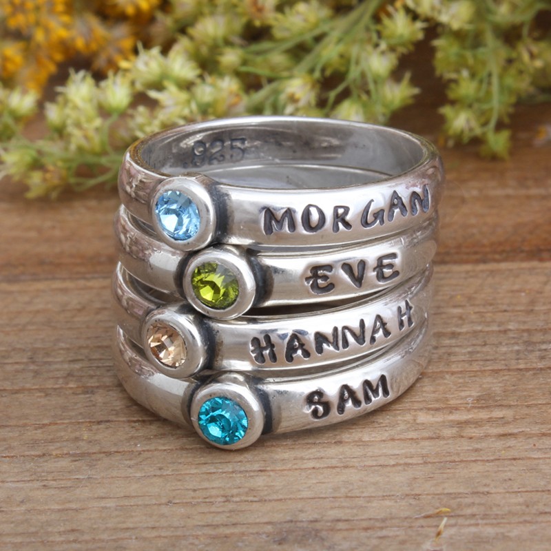 Mother's Stackable Birthstone Rings for Four Children