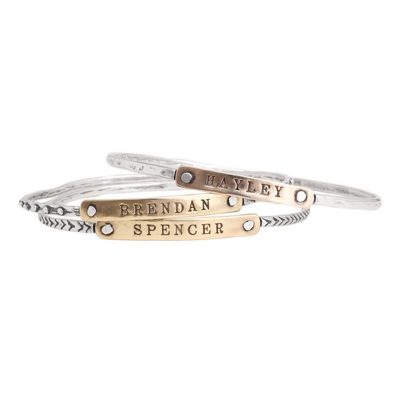 Hand-Stamped Stacking Bangle Bracelets in Gold & Silver