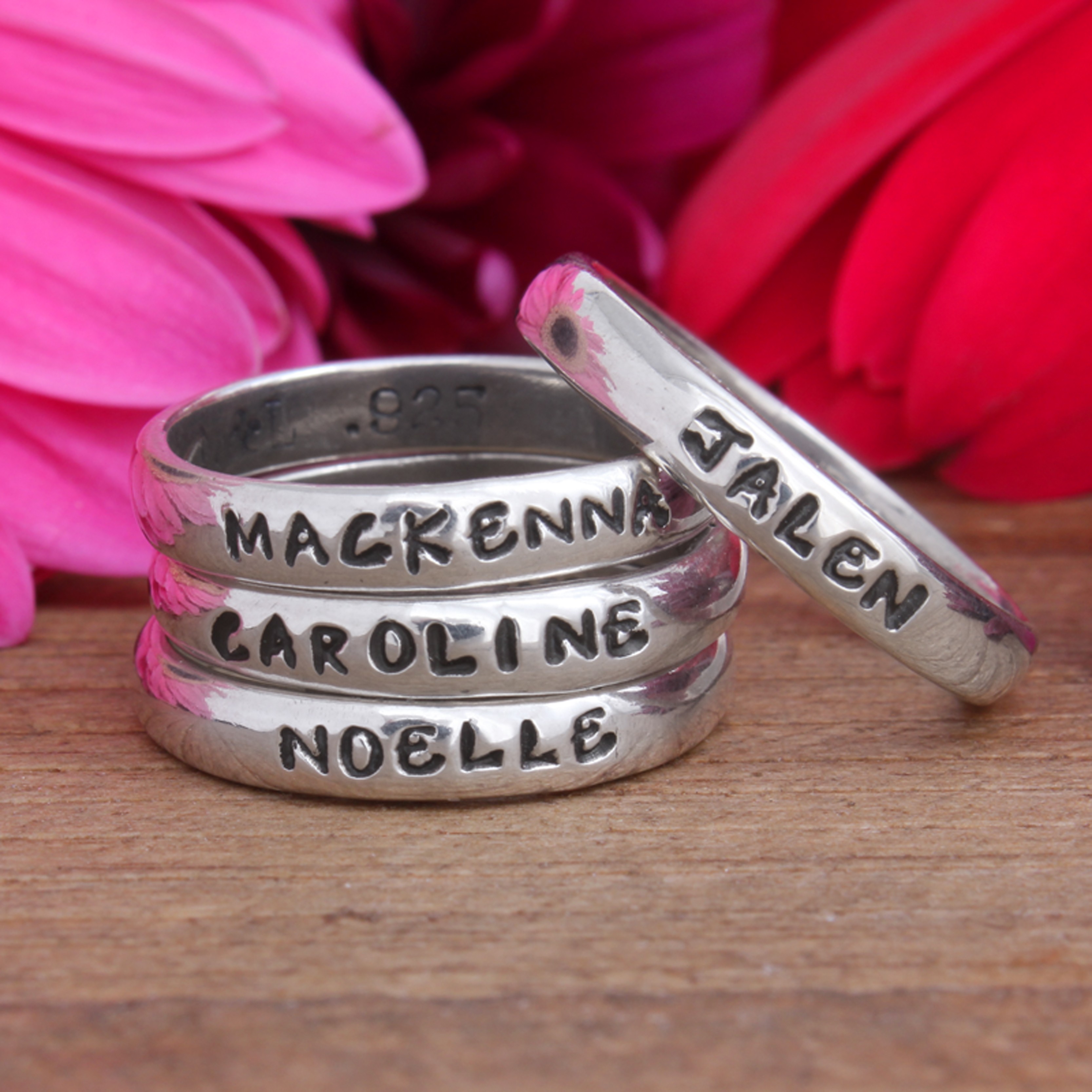Stackable Grandother's Name Rings, Silver , Set of Four Single Stack Rings